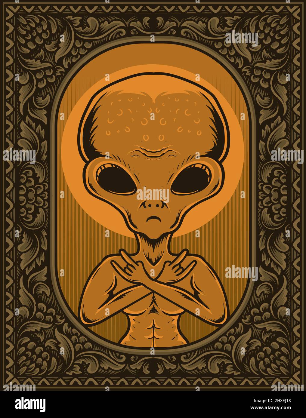 illustration alien on vintage engraving ornament frame Stock Vector ...