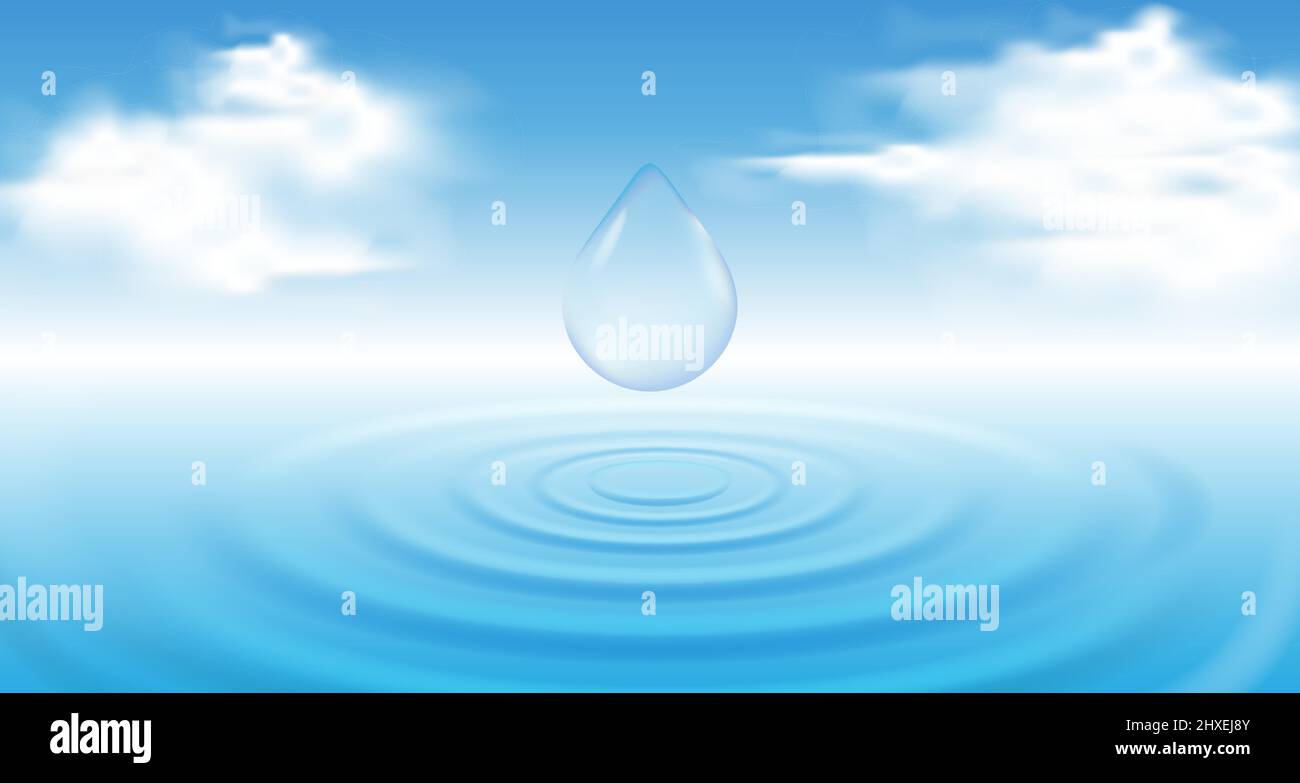 Front up view angle of water ripple from rain drop on clean blue ...