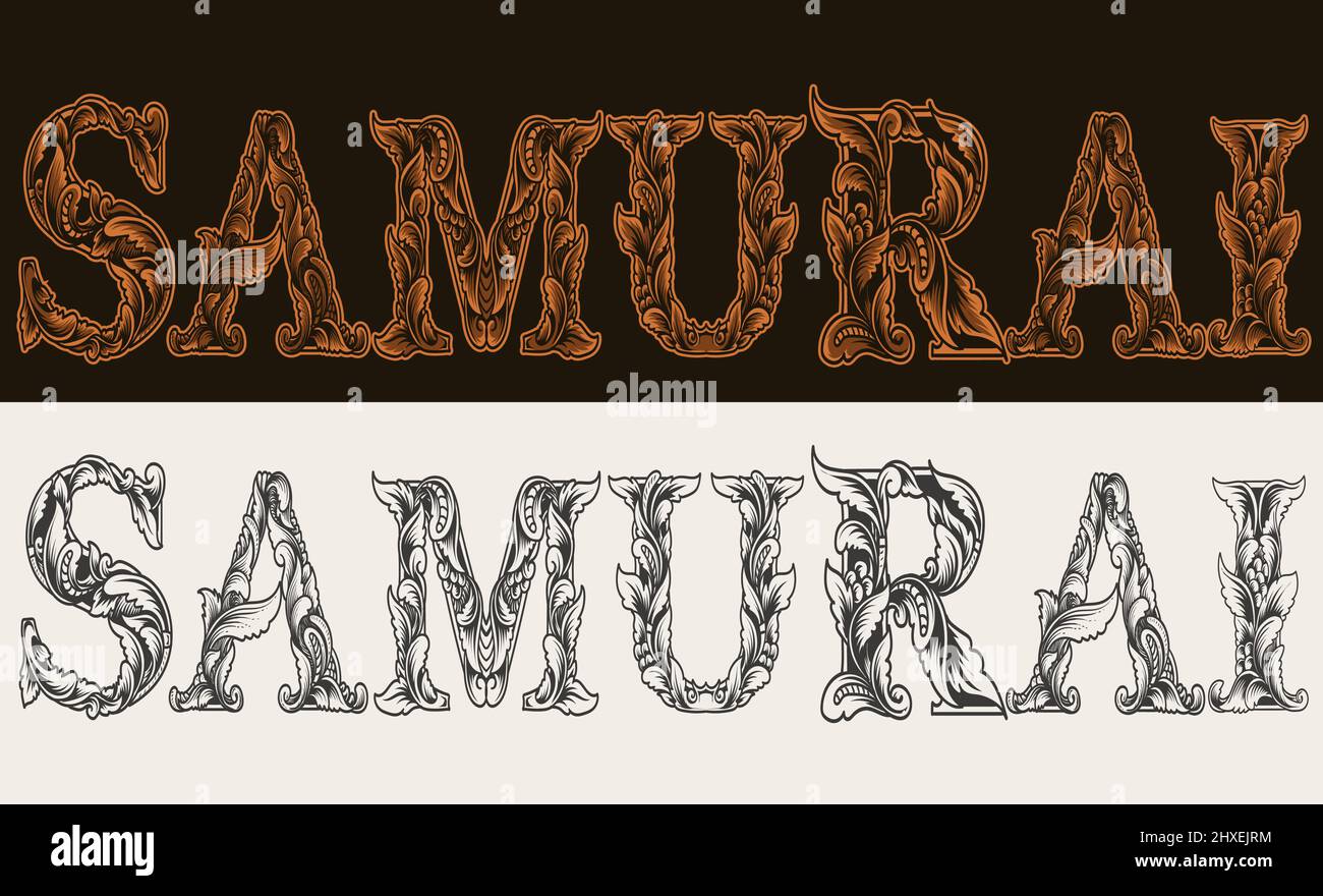 Vintage samurai calligraphy with engraving ornament font Stock Vector ...
