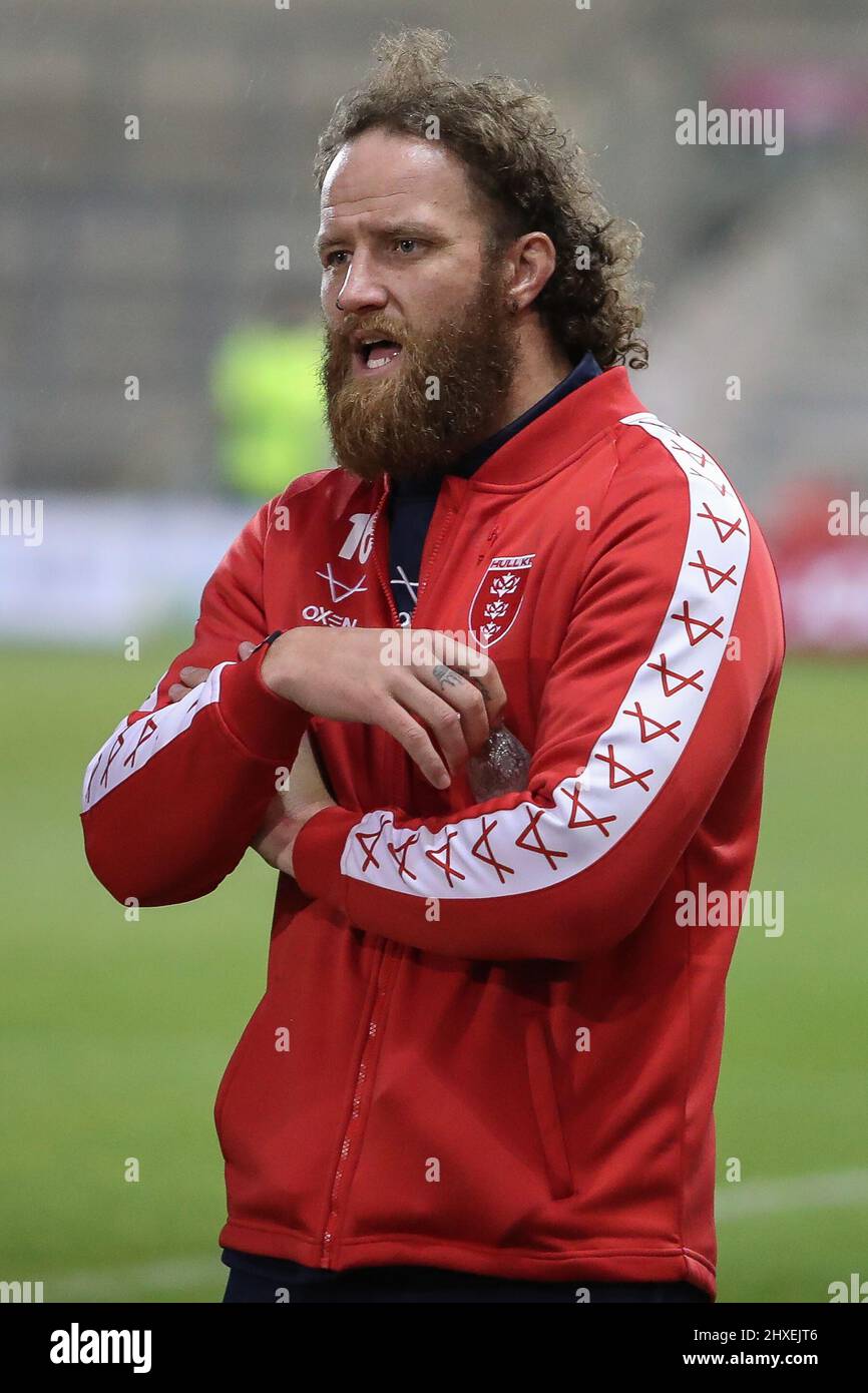 Korbin Sims #16 of Hull KR arrives at The AJ Bell Stadium ahead of ...
