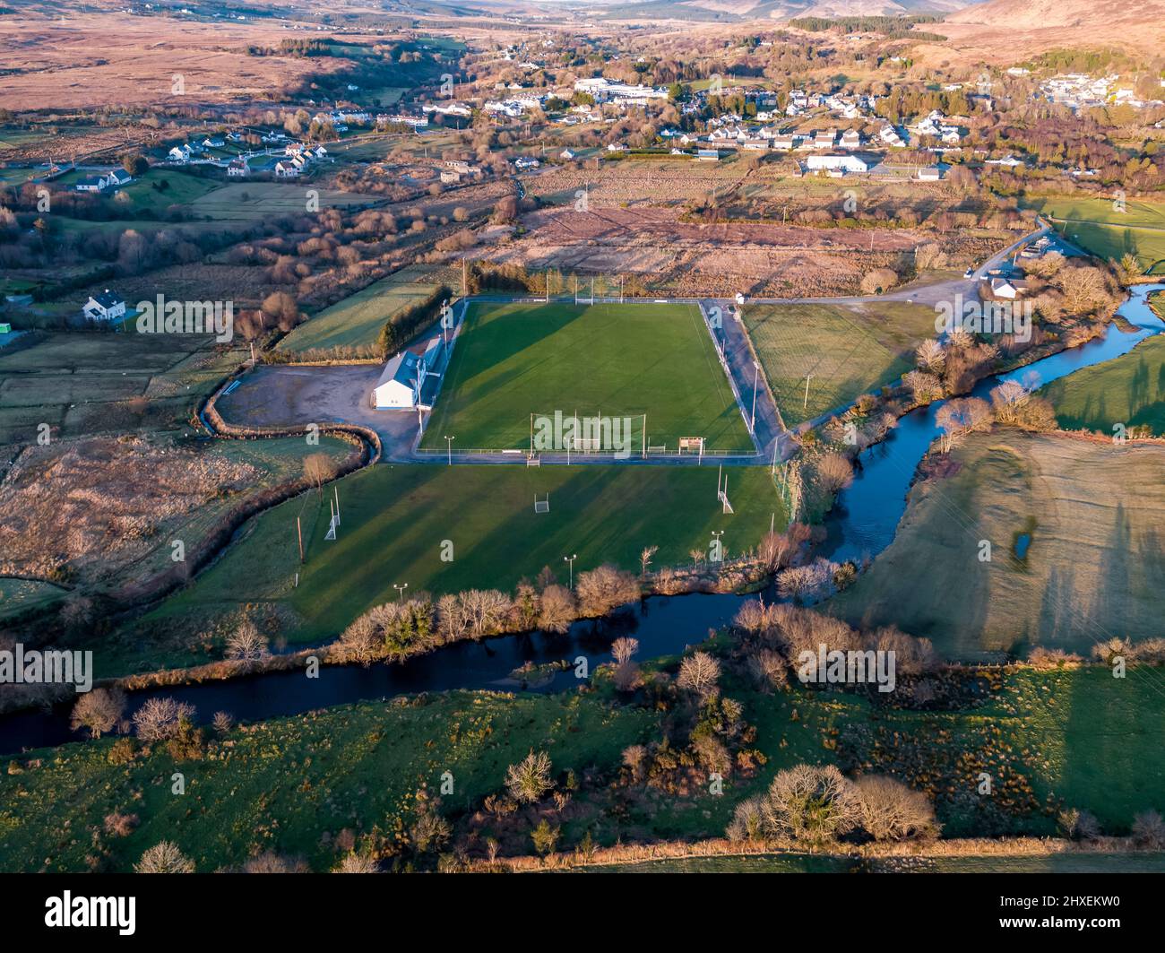 Aerial view of Glenties gaelic football pitch in County Donegal ...