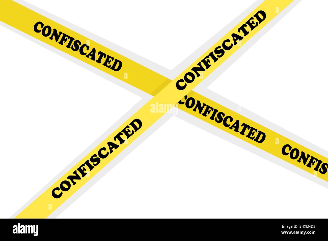 Yellow warning tapes with confiscation text isolated on white ...
