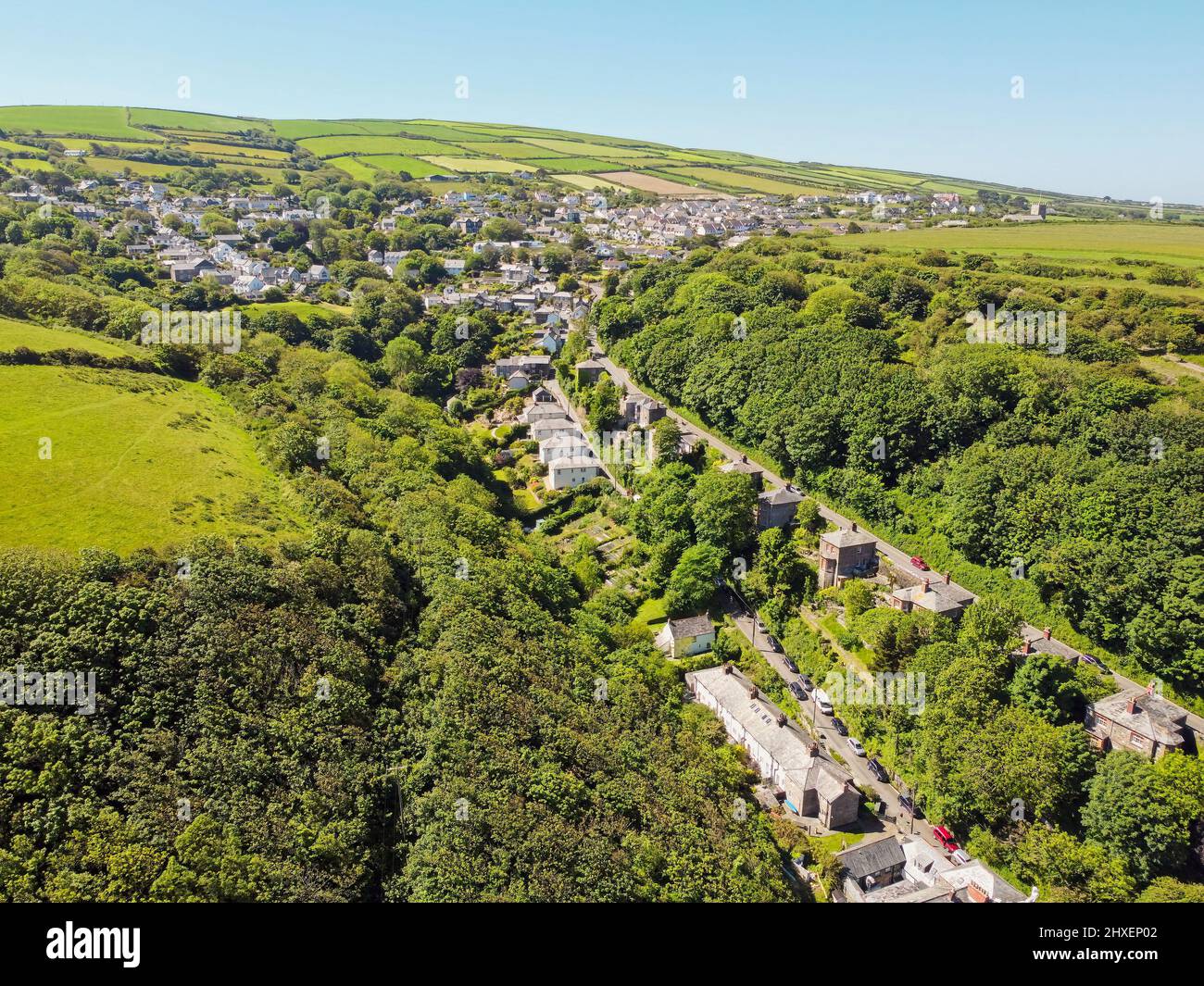 Aerial drone shot of Boscastle, harbour and its rugged coastline ...