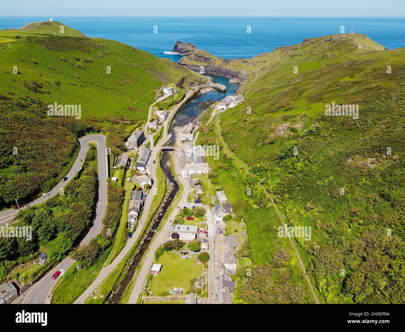 Aerial drone shot of Boscastle, harbour and its rugged coastline ...