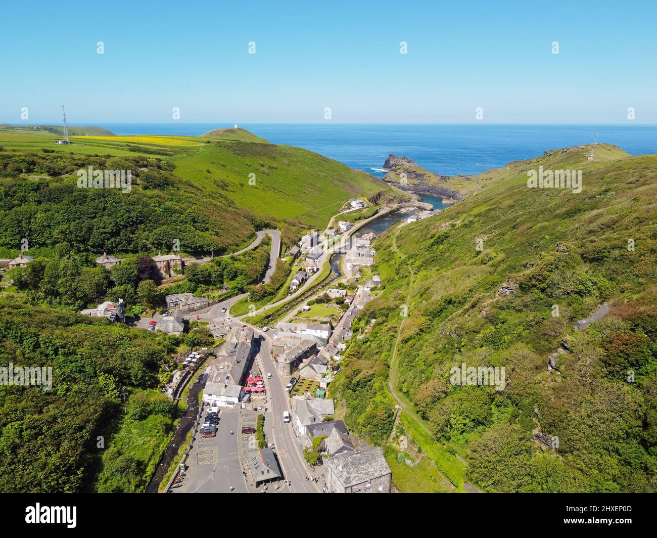 Aerial drone shot of Boscastle, harbour and its rugged coastline ...