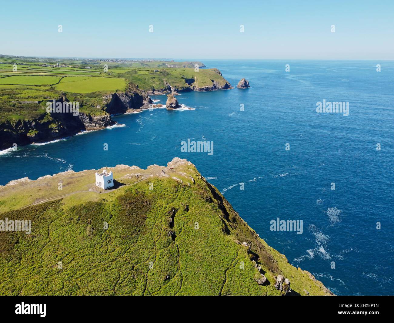 Aerial drone shot of Boscastle, harbour and its rugged coastline ...