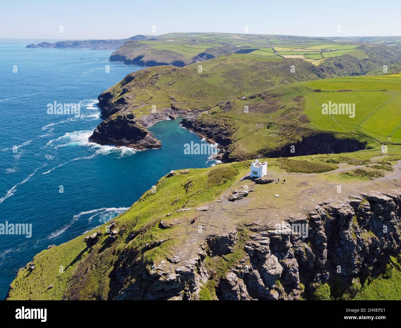 Aerial drone shot of Boscastle, harbour and its rugged coastline ...
