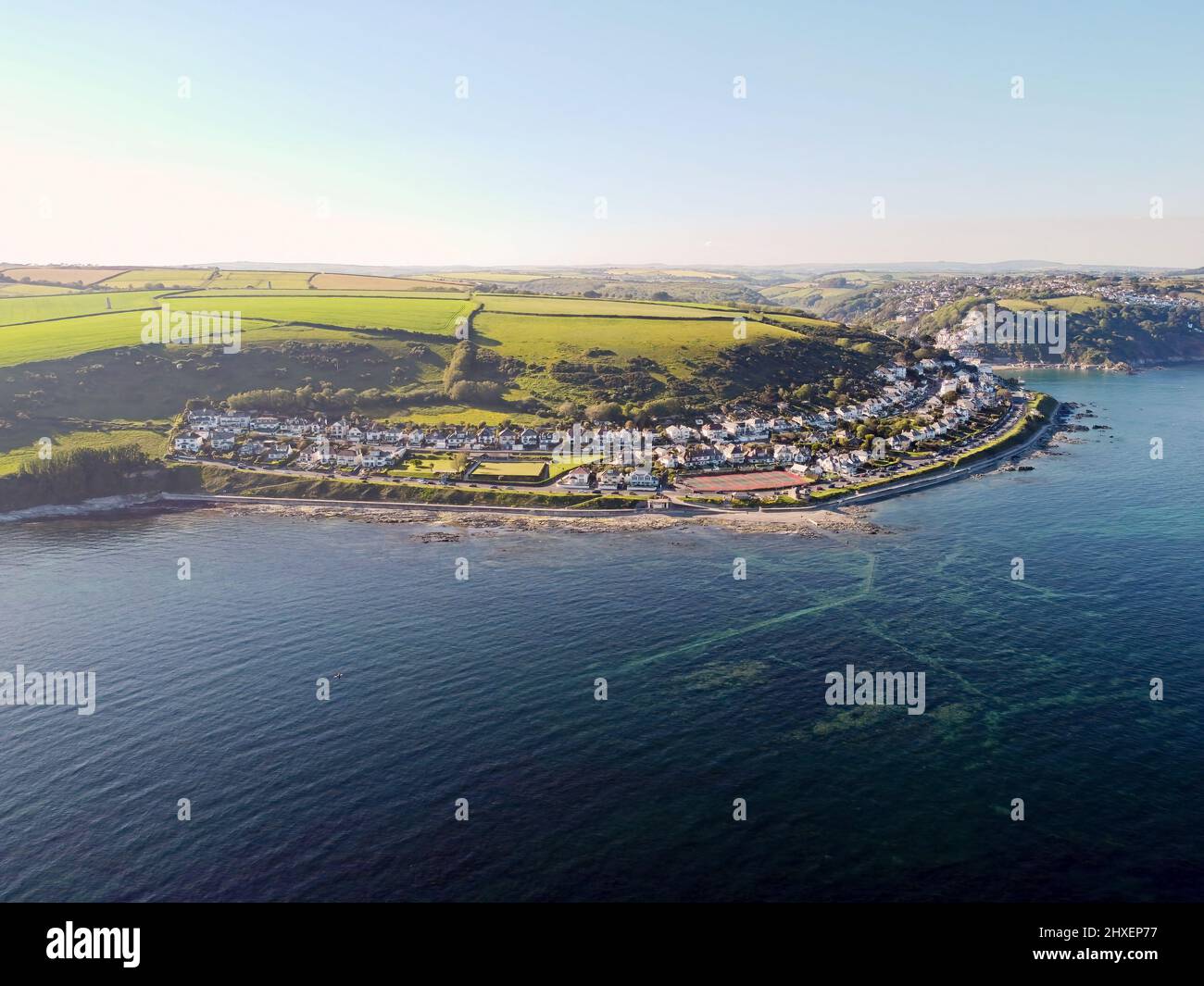 Aerial drone shot of Looe, picturesque seaside village in Cornwall ...