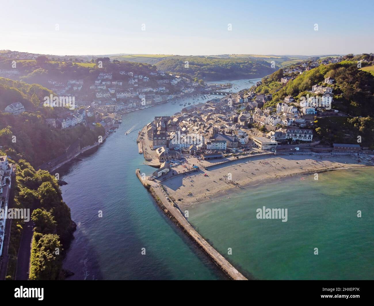 Aerial drone shot of Looe, picturesque seaside village in Cornwall ...