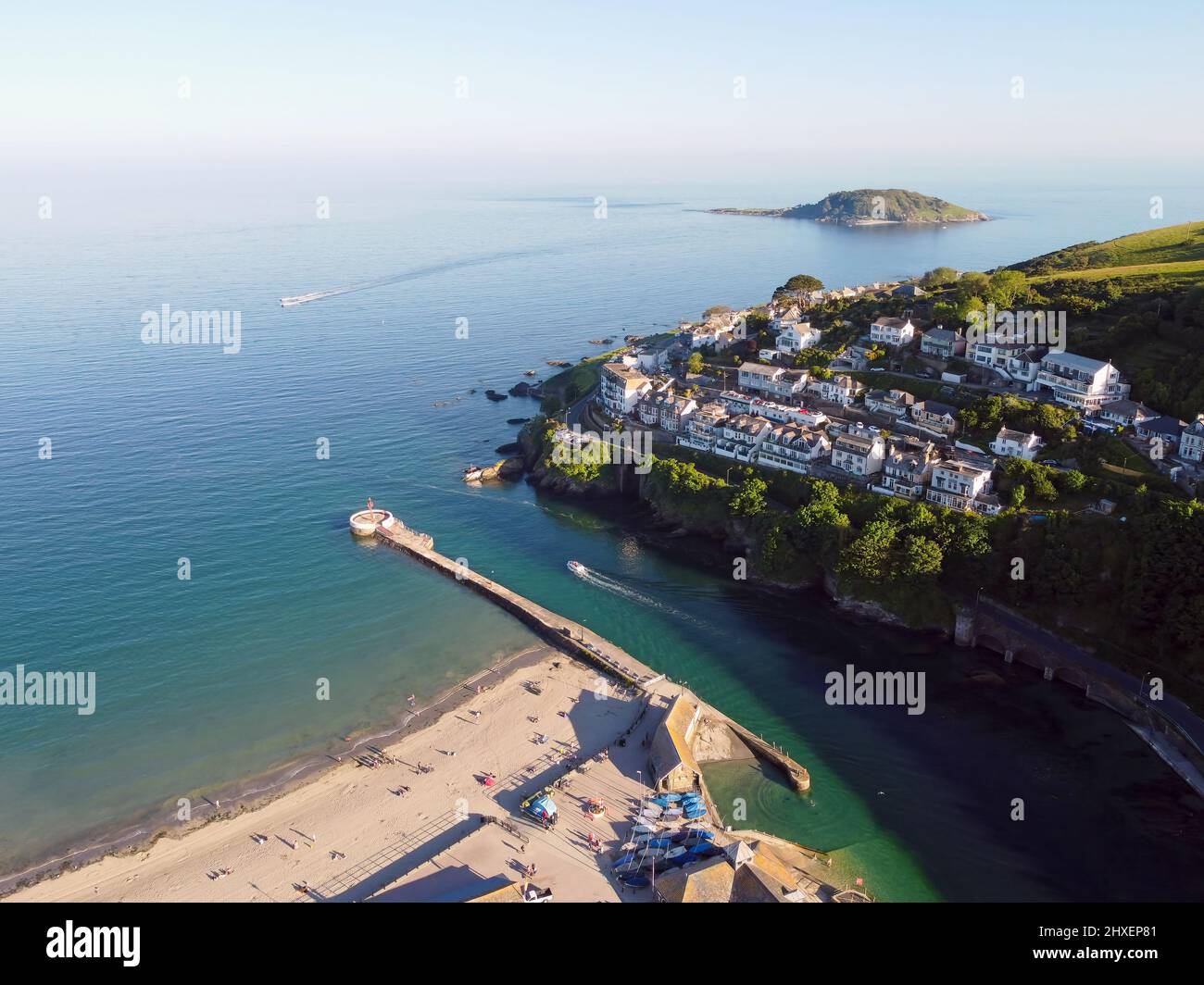 Aerial drone shot of Looe, picturesque seaside village in Cornwall ...