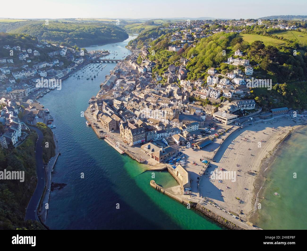 Aerial drone shot of Looe, picturesque seaside village in Cornwall ...