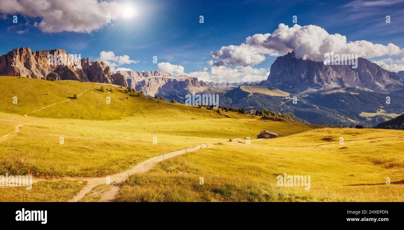 Nice view of the alpine valley and blue sky. Dramatic scene. Location ...