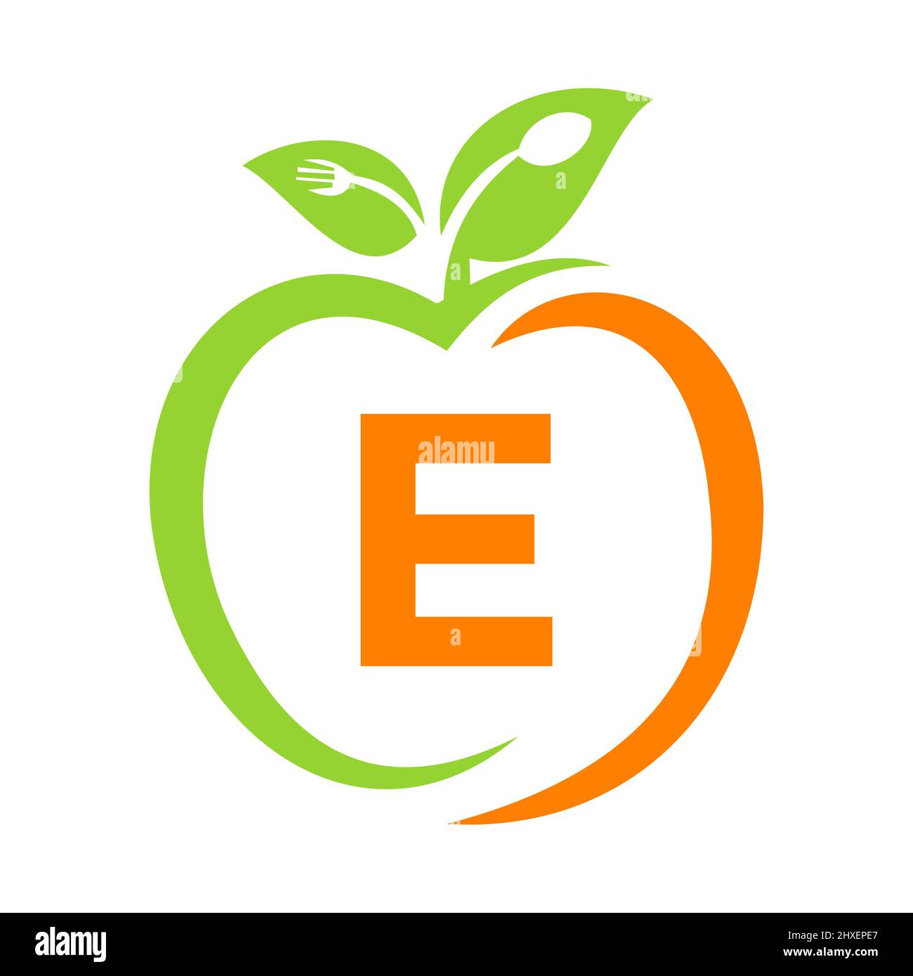 Healthy Food Logo On Letter E, Apple Health Care Vector Template. Apple ...