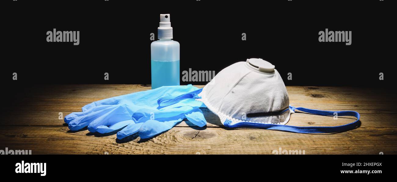 Anti virus protection ffp3 mask, gloves, and disinfectant spray ...