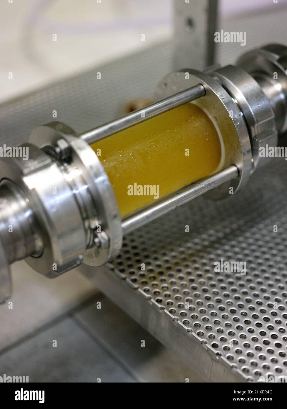 Piece of pipe with beer inside in a beer canning factory Stock Photo ...