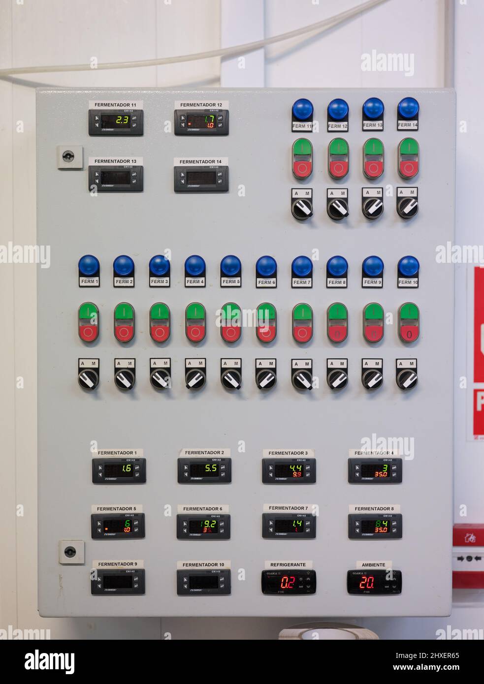 Control panel of a brewery with indicators for the various fermenters ...