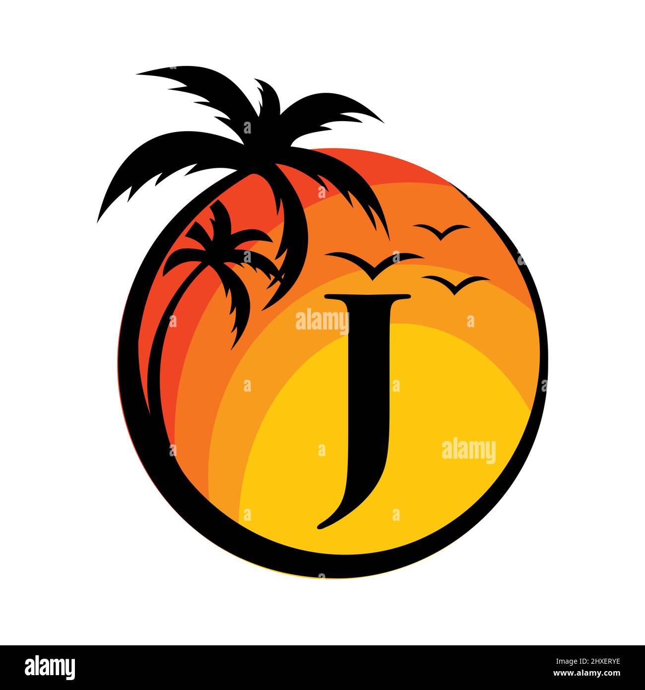 Beach Logo On Letter J Vector Sign. Summer Vacation On Tropical Beach ...