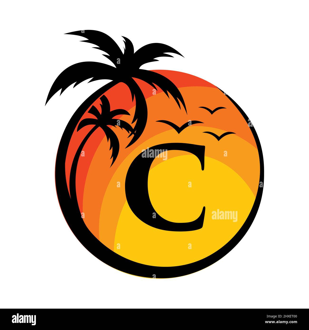 Beach Logo On Letter C Vector Sign. Summer Vacation On Tropical Beach ...