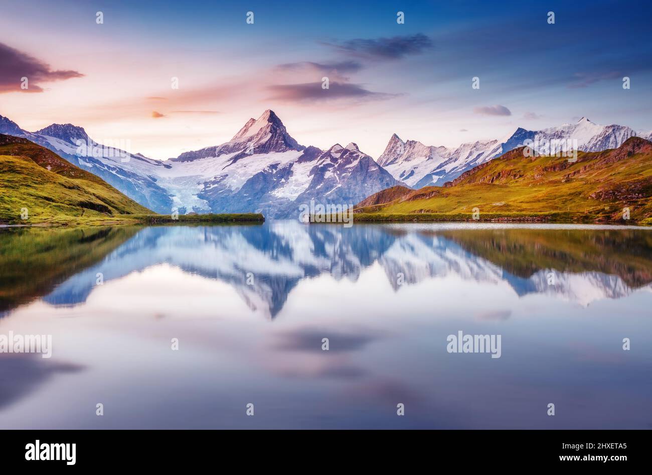 Great view of Mt. Schreckhorn and Wetterhorn above Bachalpsee lake ...