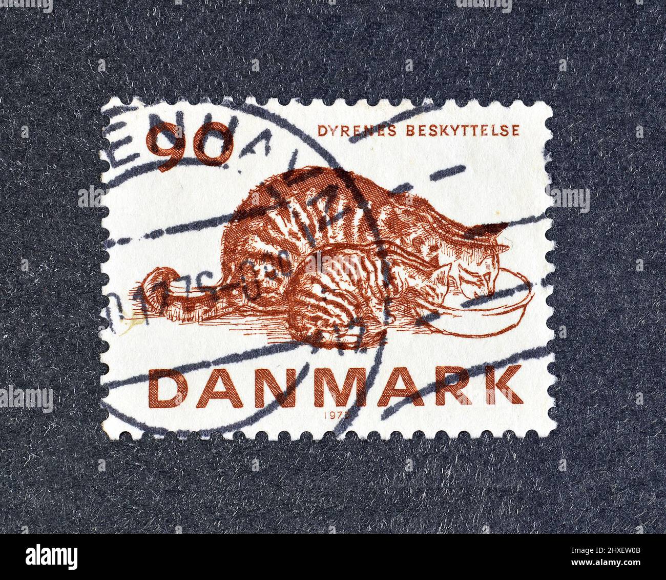 Cancelled postage stamp printed by Denmark, that shows Domestic Cat and ...