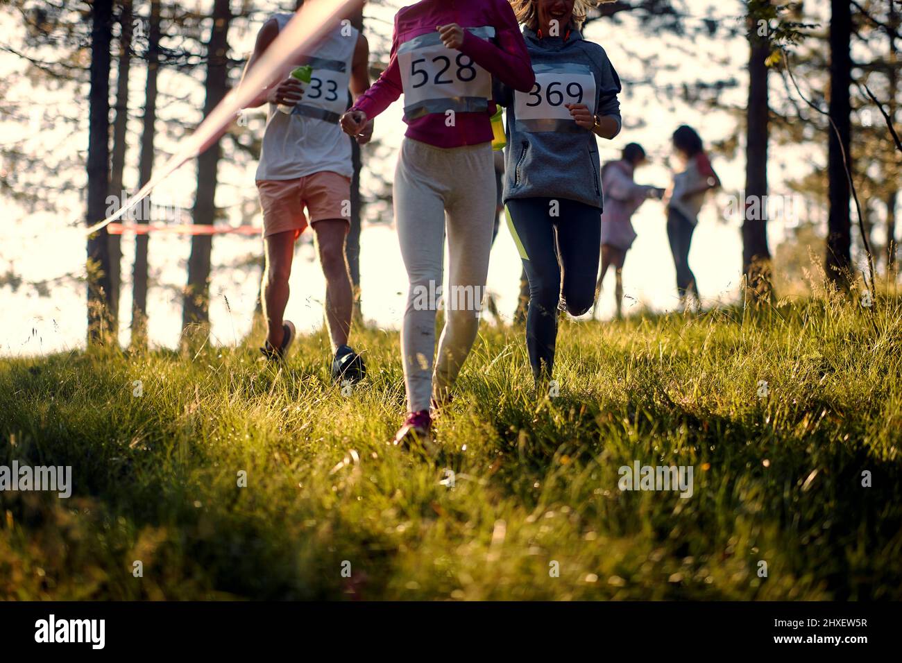 A group of athletes running the marathon through the forest on a ...