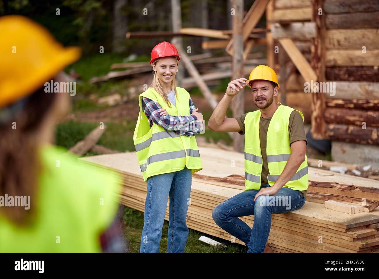 Builders are taking a rest at construction site in the forest on a ...