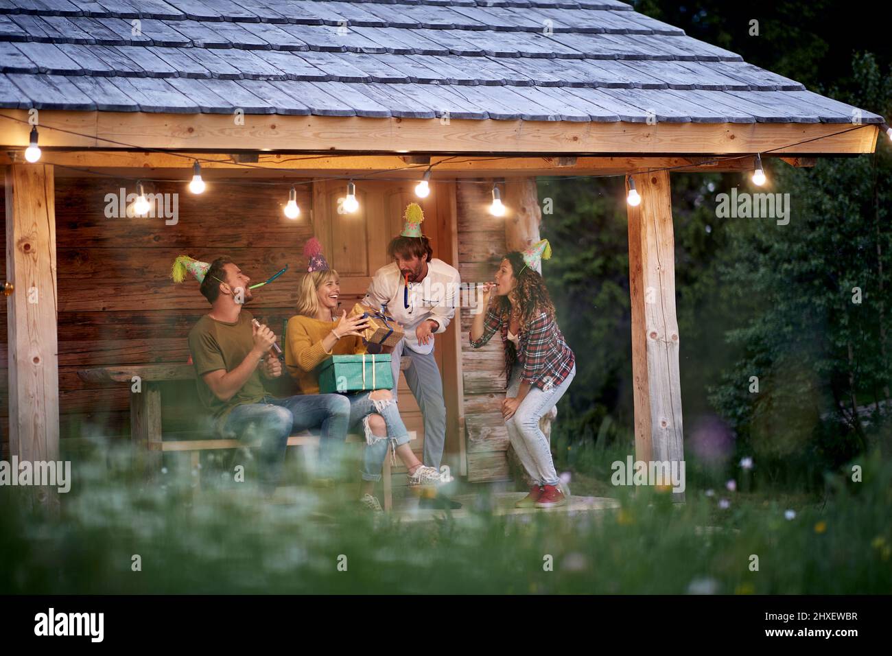 A group of friends having a good time at birthday party at the cottage ...