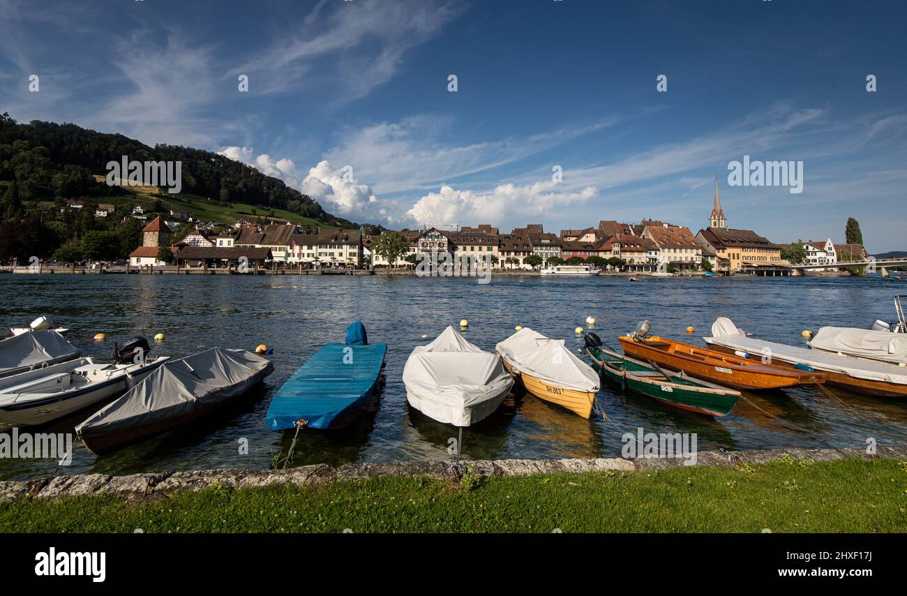 View over the Rhine River to the old town of Stein am Rhein and ...