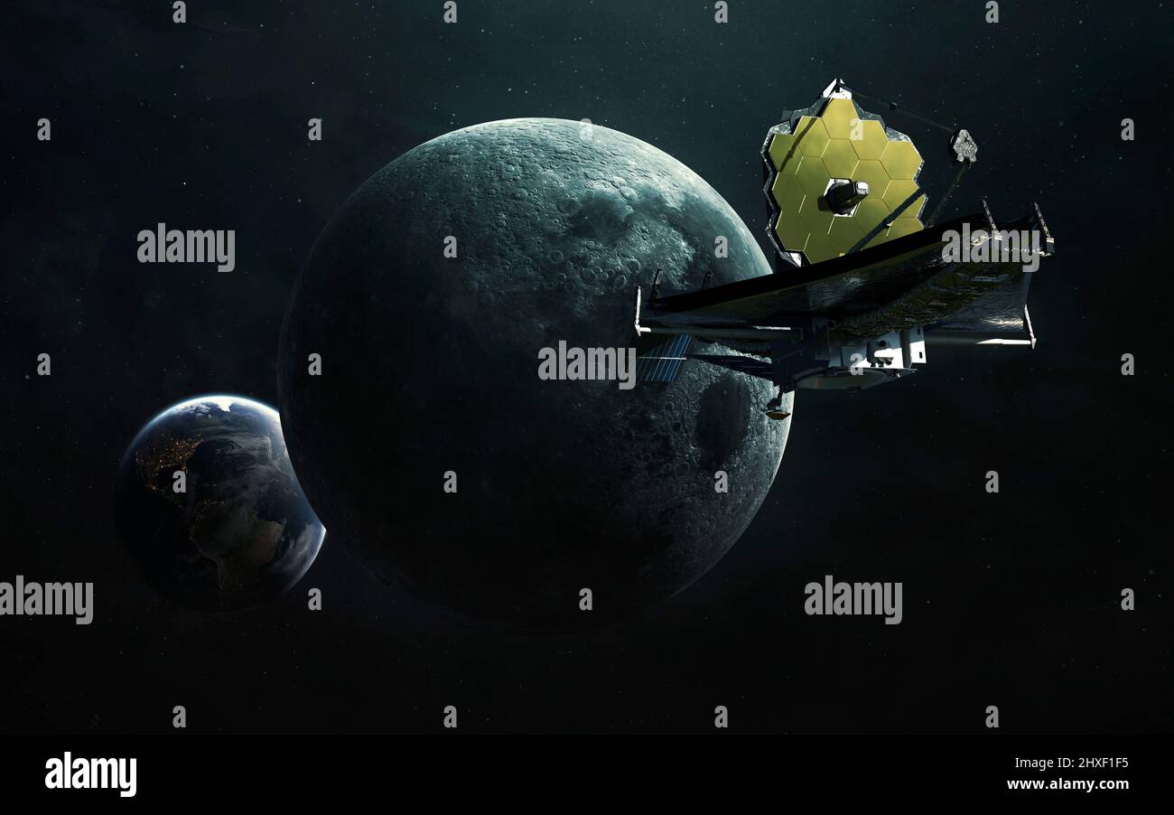 The James Webb telescope at the Langrange point L2. JWST launch art ...