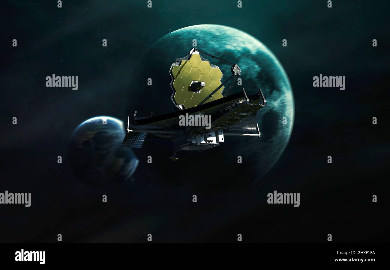 The James Webb telescope at the Langrange point L2. JWST launch art ...