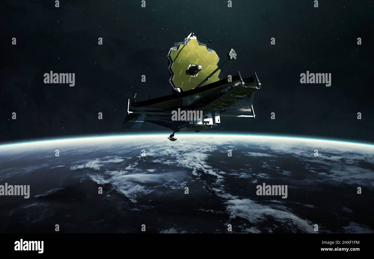 The James Webb telescope orbiting planet Earth. JWST launch art ...