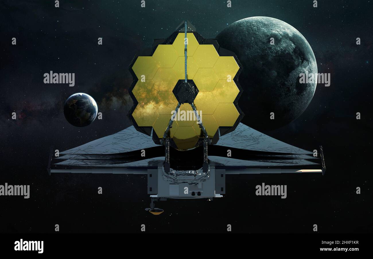 James Webb telescope on the background of the planet Earth and Moon ...