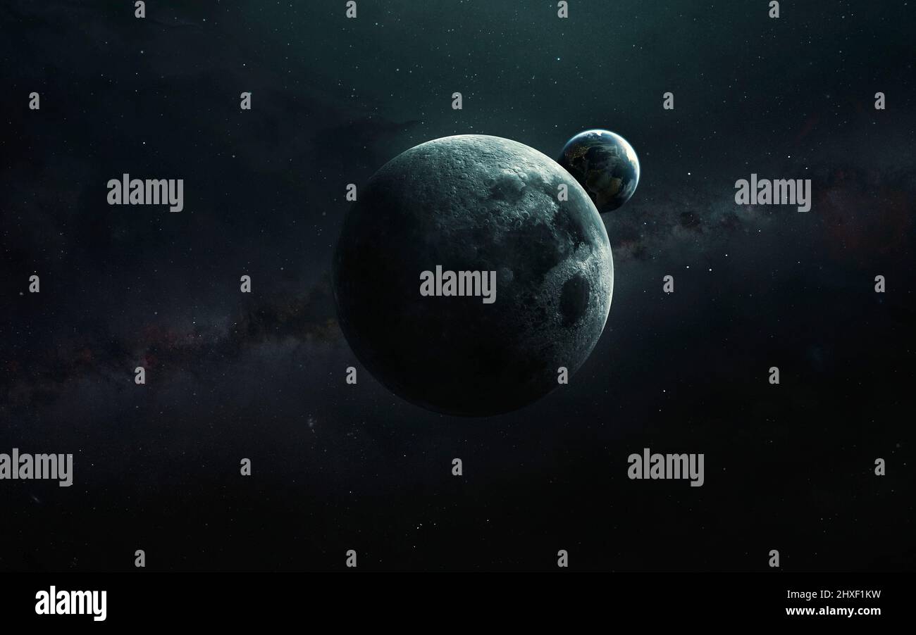 Earth and Moon. Elements of image provided by Nasa Stock Photo - Alamy