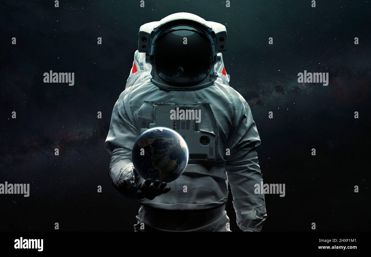 Astronaut holding Earth planet in hand. 3D sci-fi art. Elements of ...