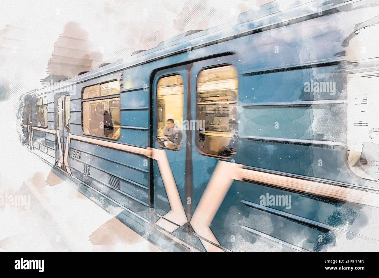 Watercolor painting illustration of moving subway train Stock Photo - Alamy