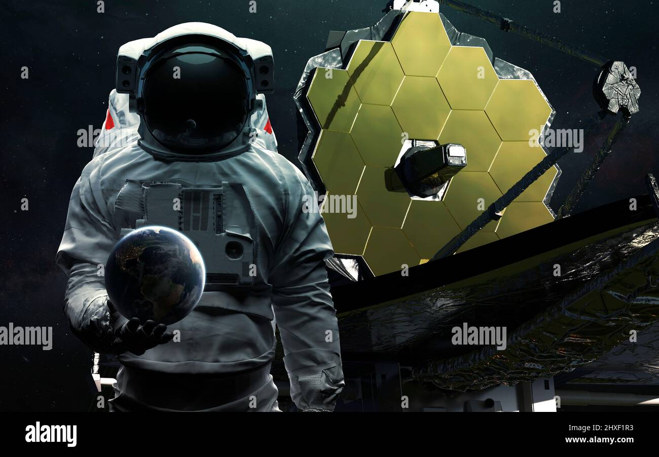 Astronaut and telescope James Webb. JWST launch art. Elements of image ...