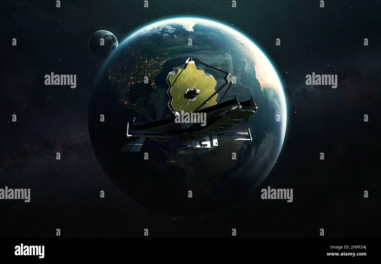 James Webb telescope on the background of the planet Earth. JWST launch ...