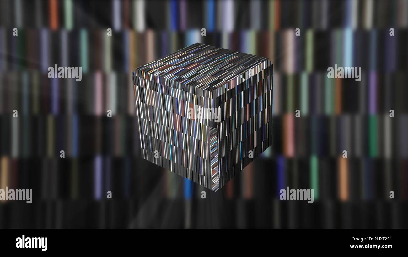Glowing box opens in cyberspace. Motion. Futuristic empty cube opens on background shimmering ...