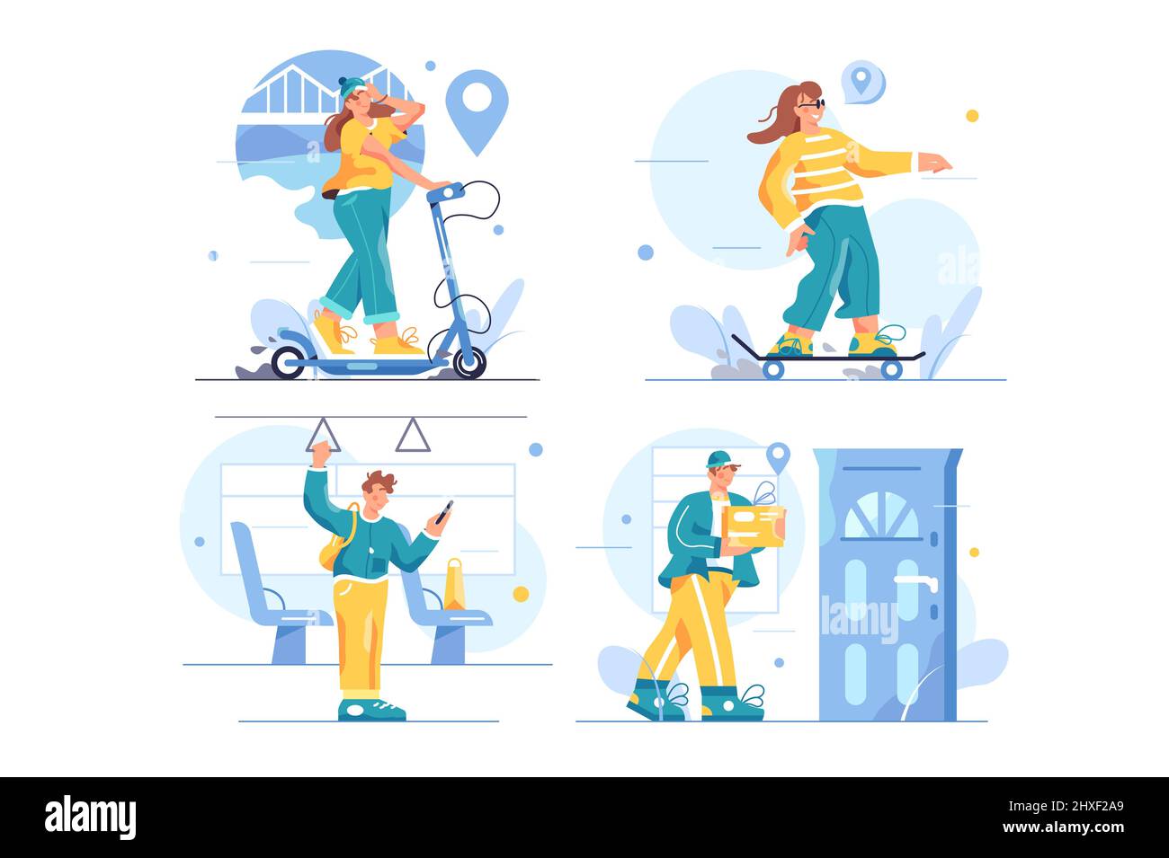 People move by different types of transport, reach endpoint Stock ...