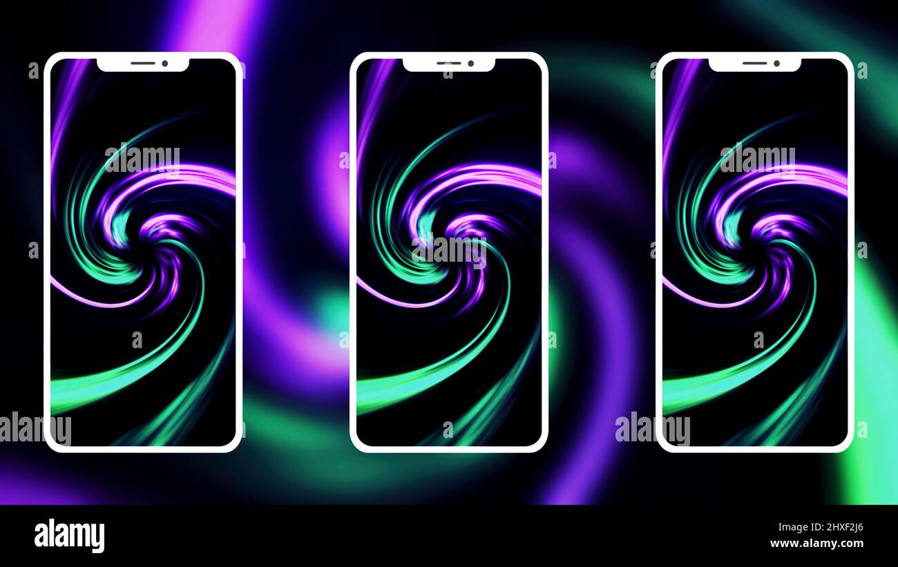 Abstract smartphones with colorful rotating spiral. Motion ...