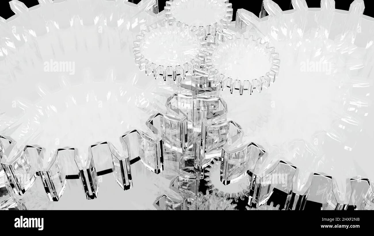 Fast rotating monochrome metallic gears or cogs, machinery background ...