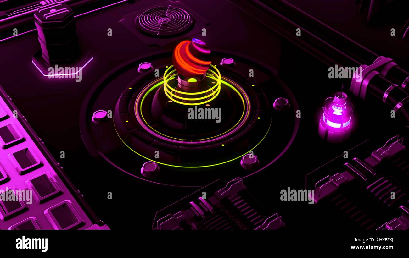 View inside of an alien space ship control panel details, dark abstract ...