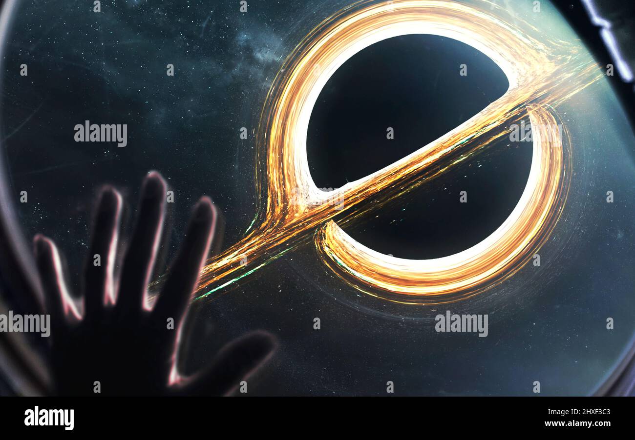 Human looks out the window of a spaceship into Black hole. 5K realistic ...