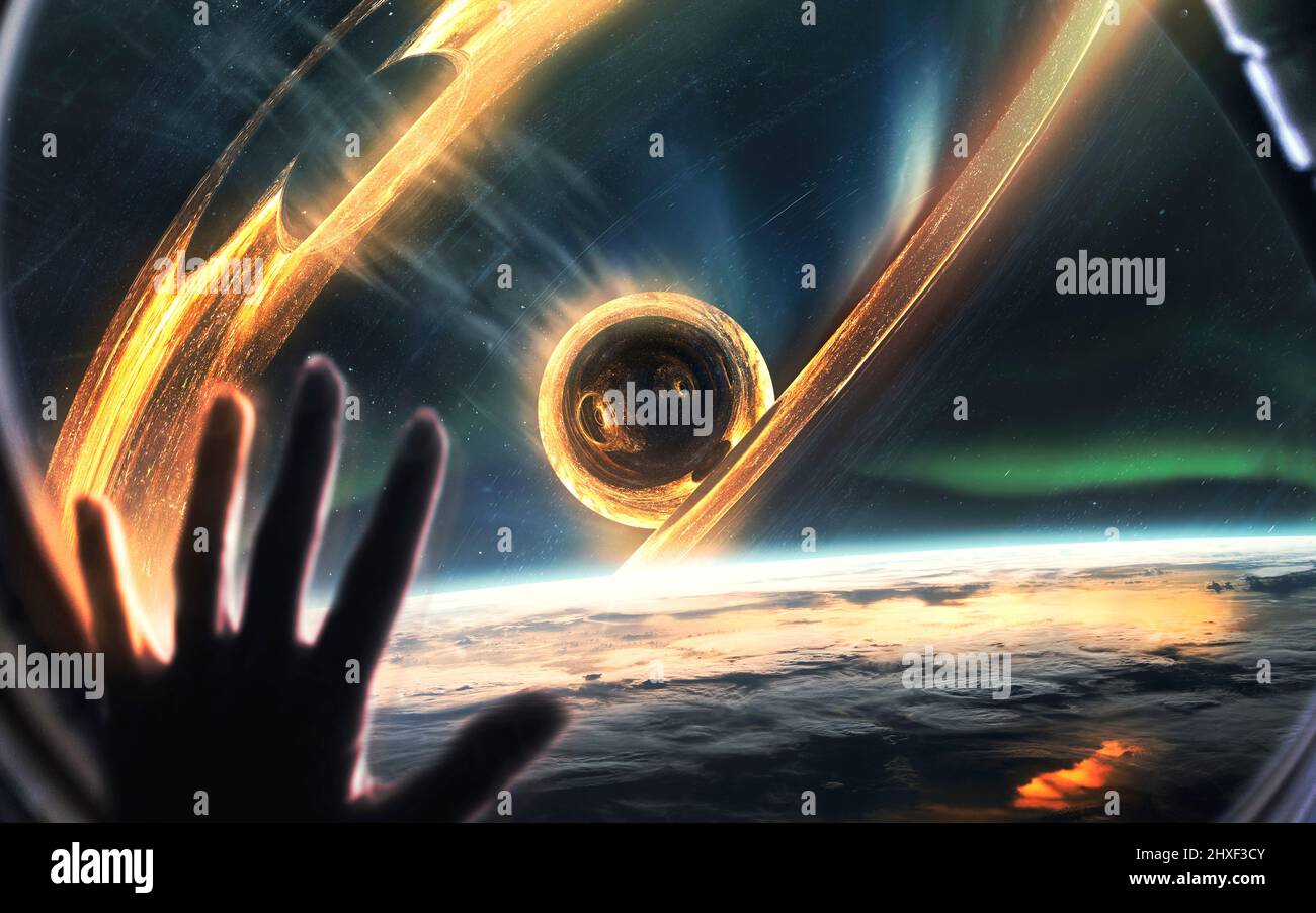 Human looks out the window of a spaceship into space. 5K realistic ...