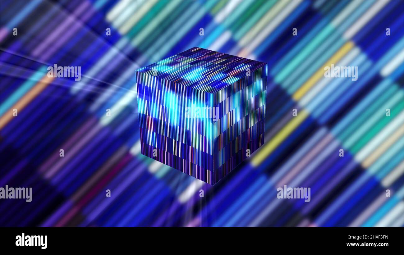 Bright cube in game. Motion. Shimmering colorful cube in cyberspace ...