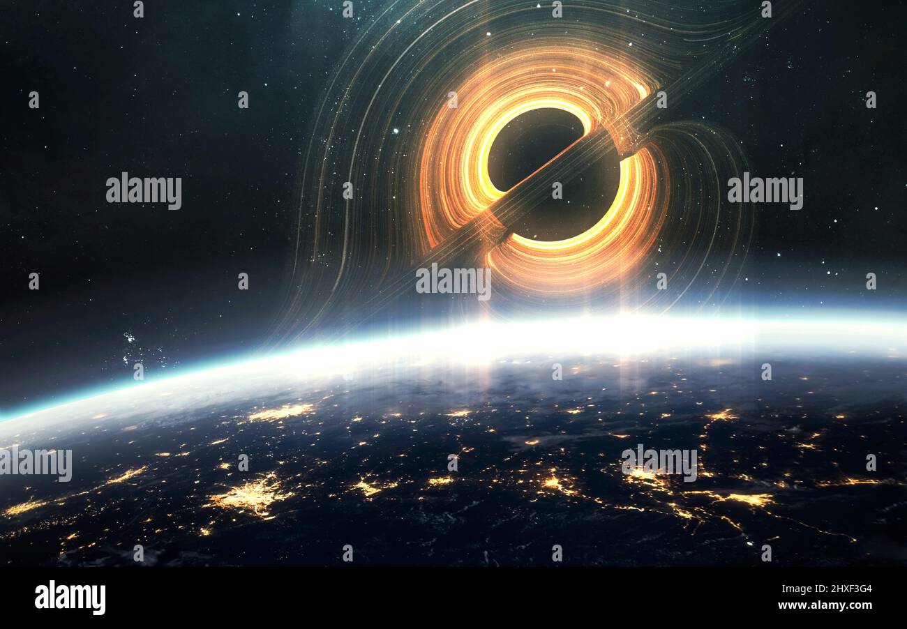Black hole absorbing light in deep space. 5K realistic science fiction ...