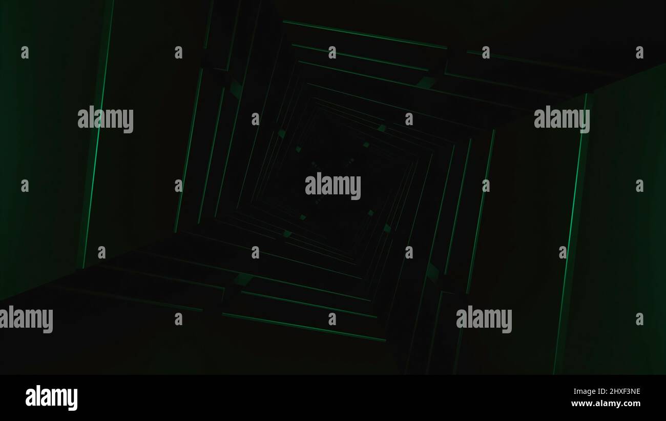 Movement in dark square tunnel. Design. Dive down gloomy square tunnel ...