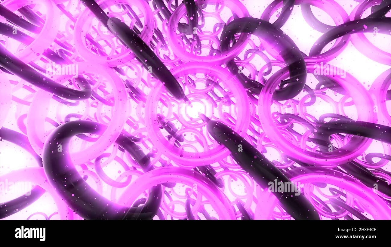 Animation with many rotating rings in chains. Motion. Multitude of 3d ...