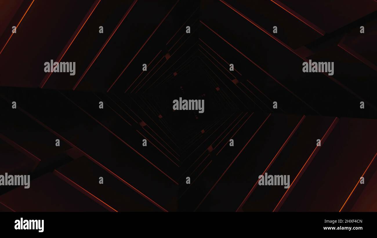 Movement in dark square tunnel. Design. Dive down gloomy square tunnel ...