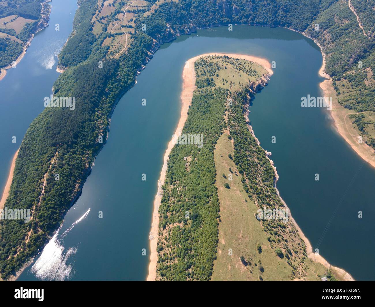 Aerial view of Arda River meander and Kardzhali Reservoir, Bulgaria ...